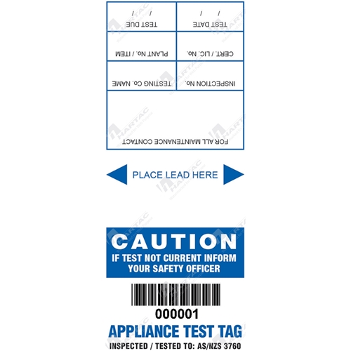 SLATB - Self Laminating Appliance Test Tags Blue Pk100 - Hartac Australia