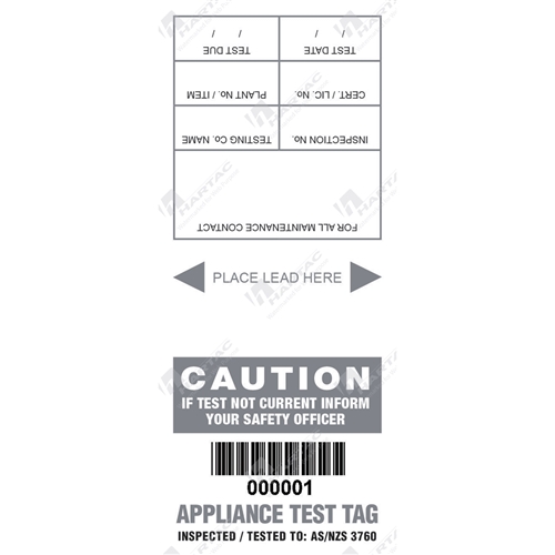 SLATGR - Self Laminating Appliance Test Tags Grey Pk100 - Hartac Australia