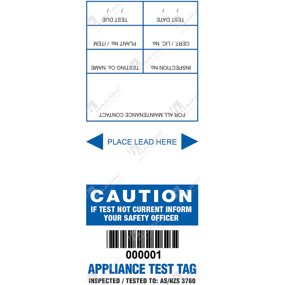 SLATB - Self Laminating Appliance Test Tags Blue Pk100 - Hartac Australia
